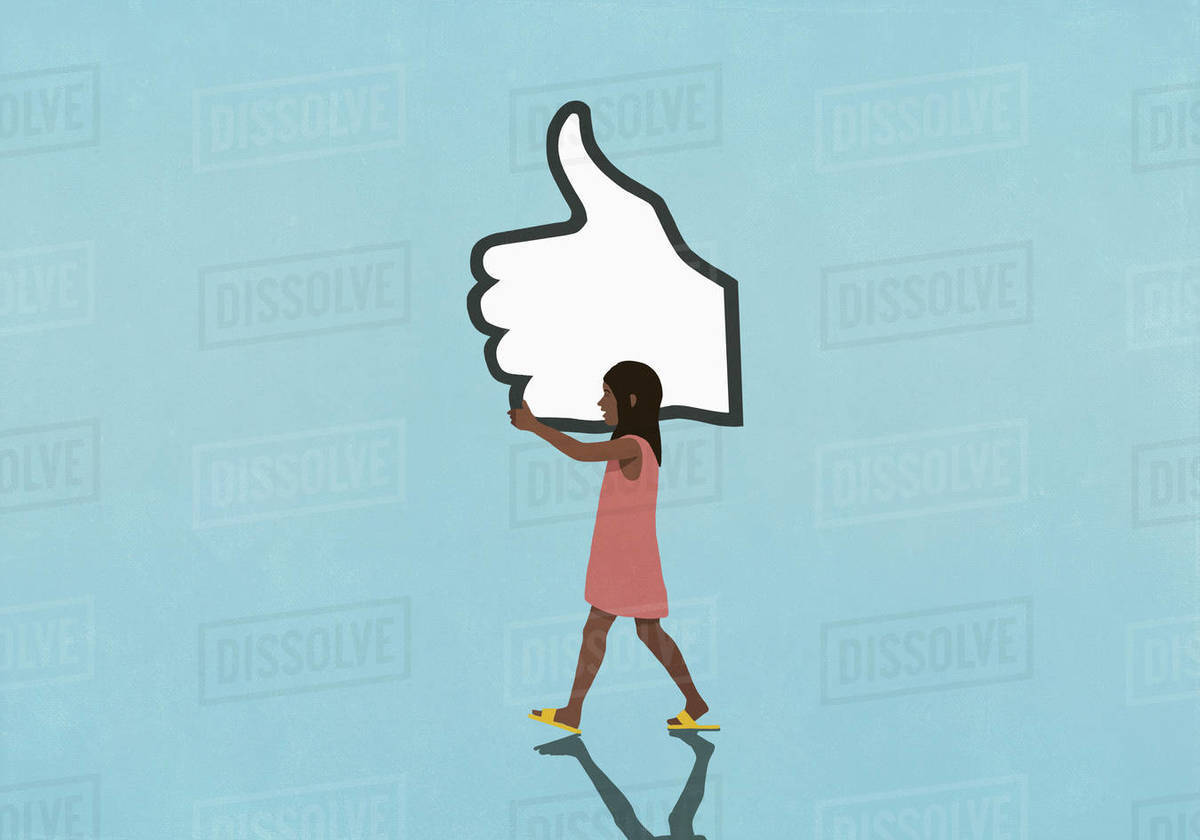 Social Media like button above walking girl with smart phone - Stock ...