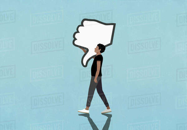 Dislike button over man walking on blue background - Stock Photo - Dissolve