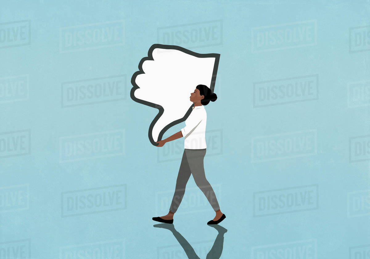 Woman carrying social media dislike button on blue background - Stock ...