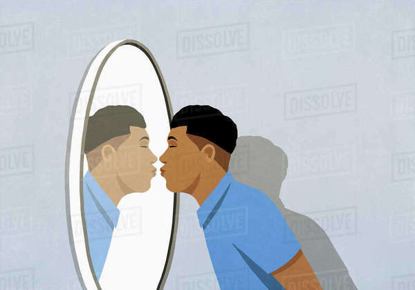 Man kissing reflection in mirror - Stock Photo - Dissolve