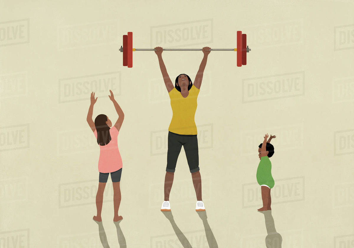 Kids cheering for strong mother weightlifting barbell overhead ...