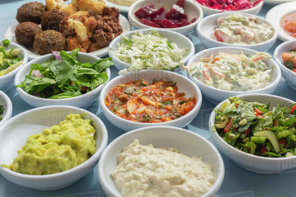 Still life variety of Israeli meze appetizers in bowls - Stock Photo ...