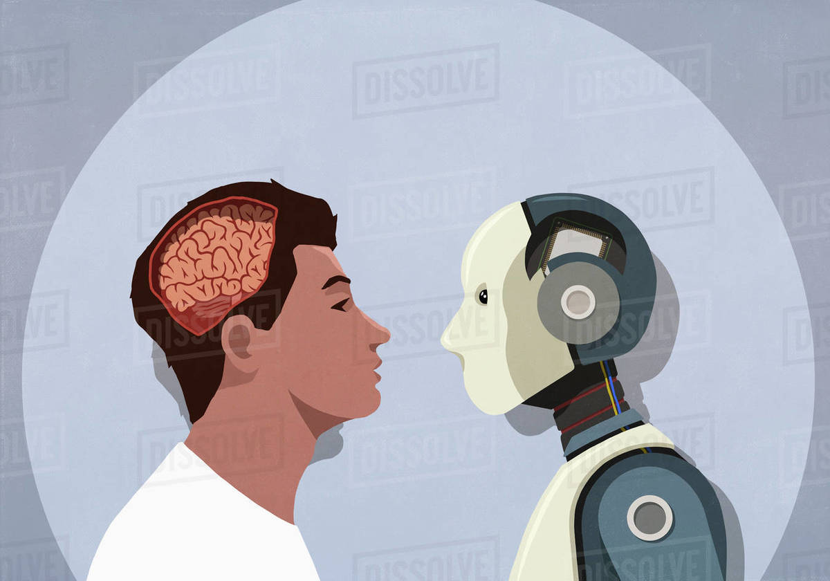 Robot and man with exposed brain face to face in spotlight, human vs ...