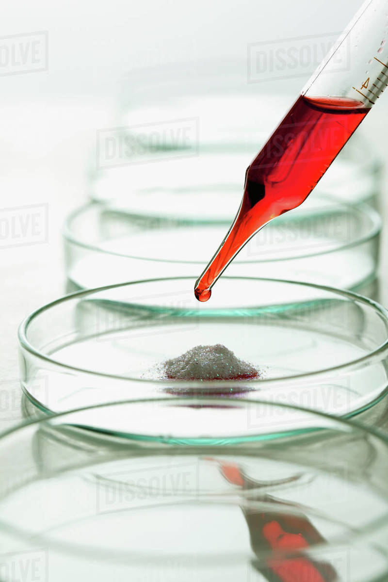 Pipette with Red Solution over Petri Dish and Pile of Powder - Royalty ...